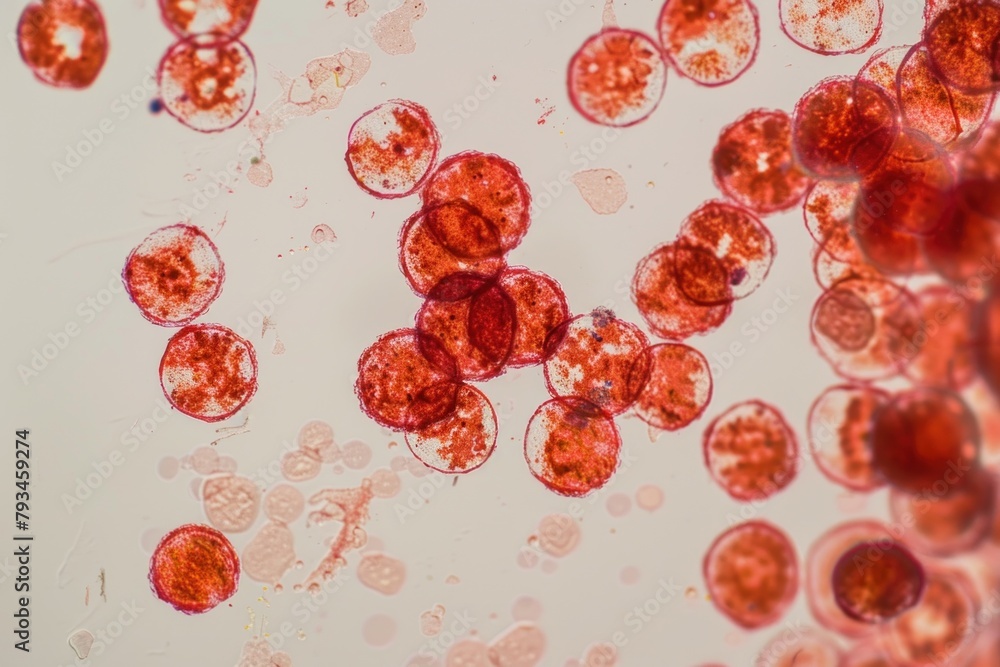 High magnification of red blood cells showing detailed cellular ...