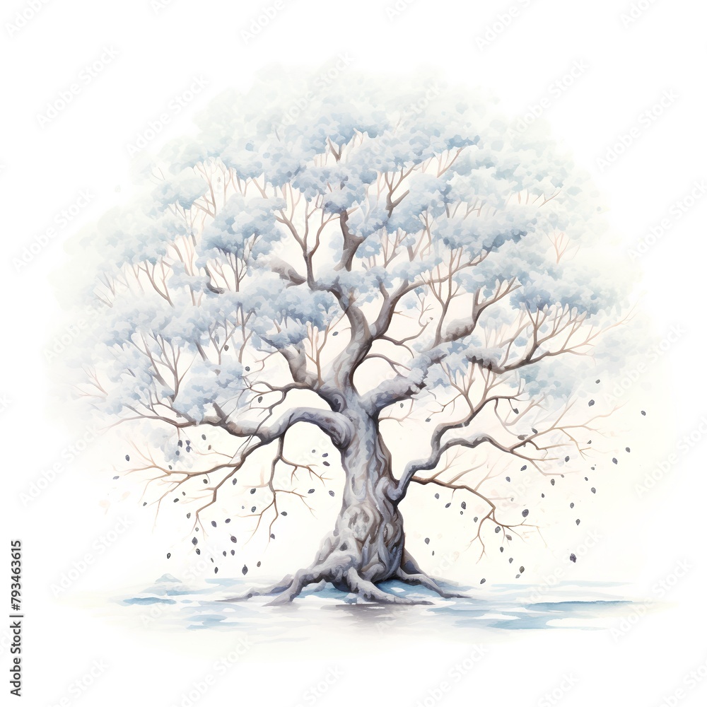 Winter tree with snow and ice. Watercolor illustration isolated on ...