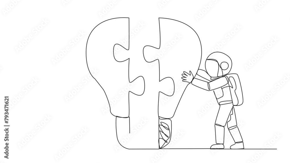 Animation of single continuous line drawing two astronauts pushing two lightbulb-shaped puzzle ...