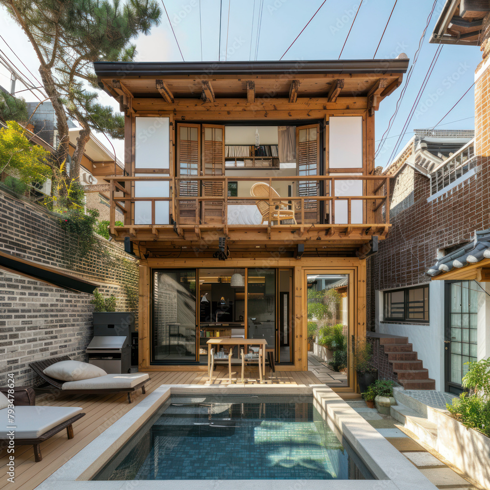 Tiny two floor timber frame house with single front doors and terrace ...