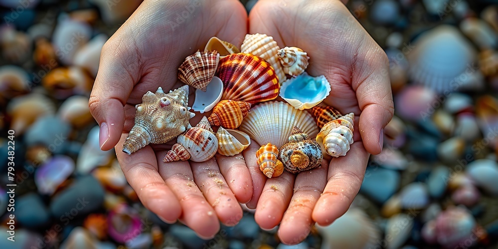 In-depth of hands full of distinctly vivid seashells deployed as ...