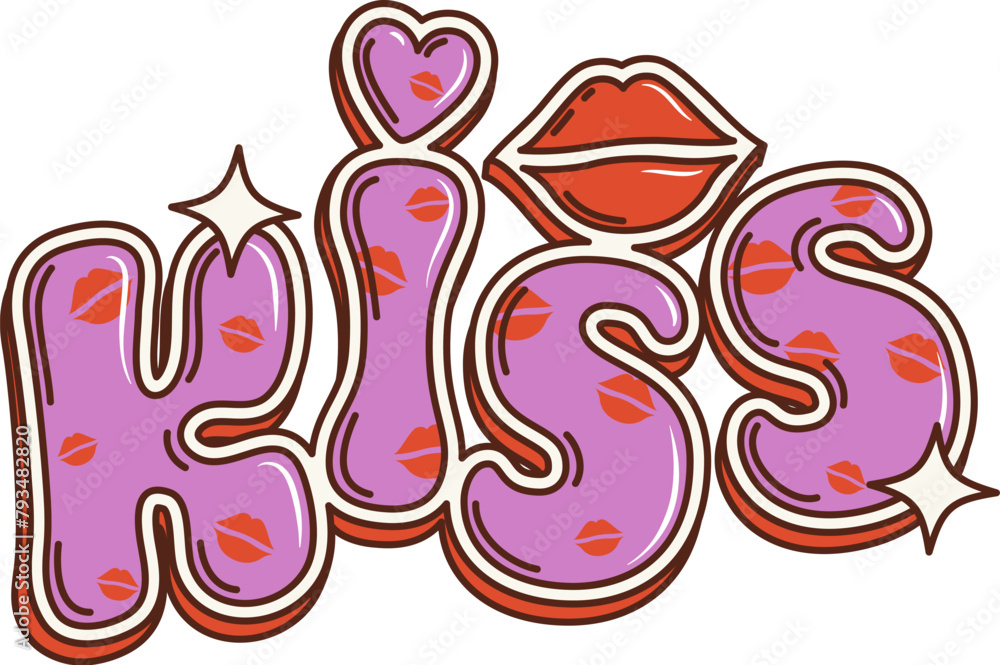 Groovy cartoon retro hippie kiss sign letters with lips for Valentine ...