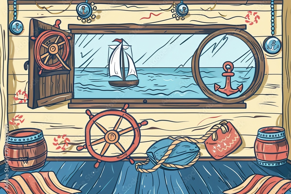 Cartoon cute doodles of a nautical-themed room with a ship's wheel ...