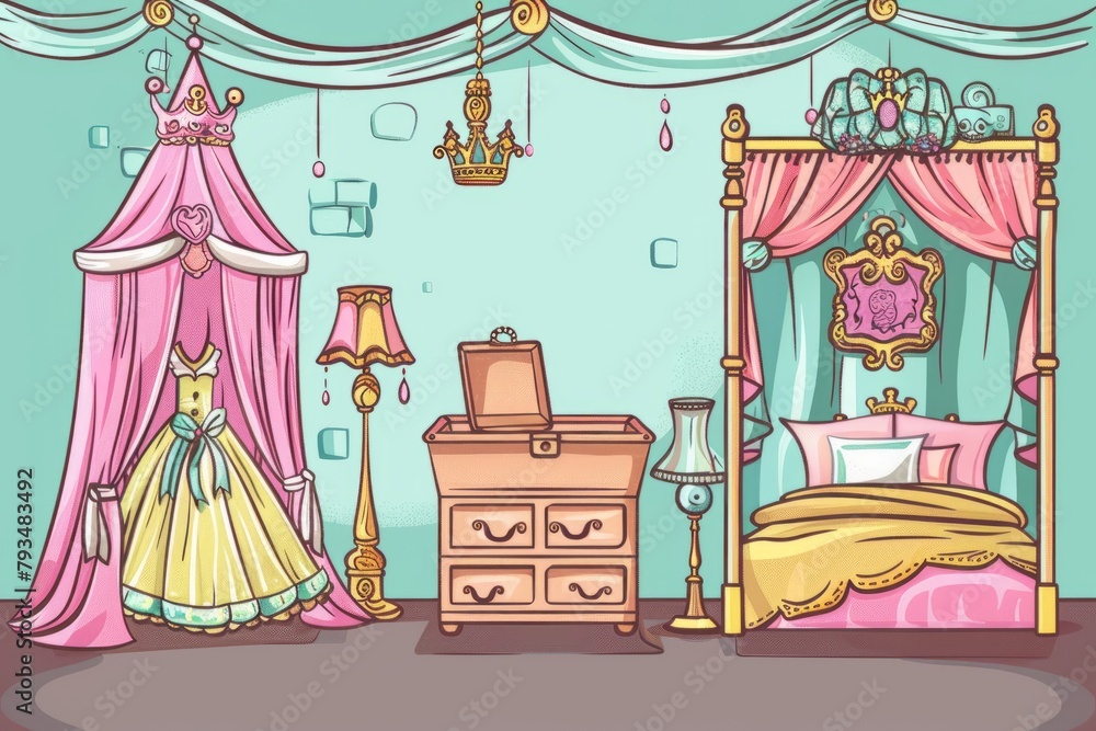 Cartoon cute doodles of a princess castle bedroom with a canopy bed ...