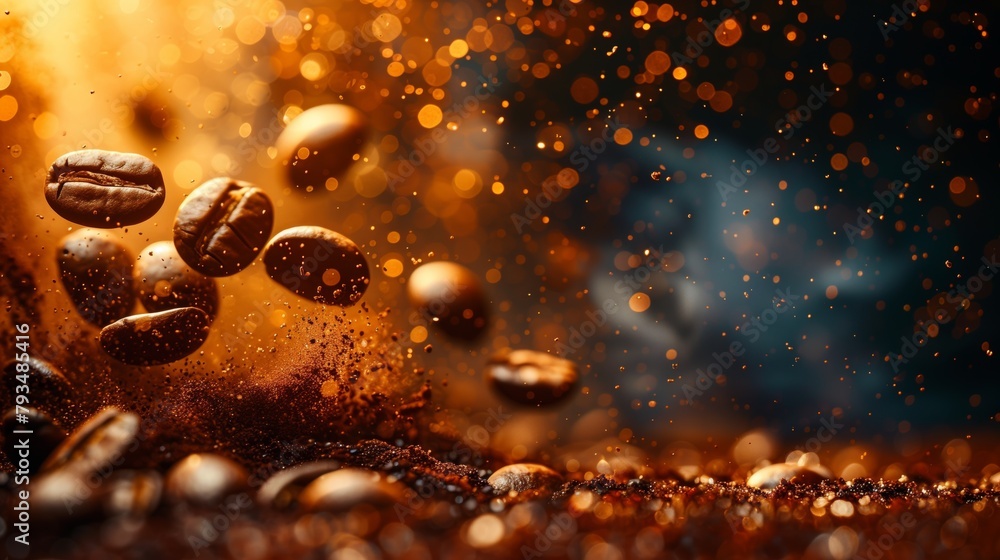 Coffee Beans Falling with Golden Dust. Roasted coffee beans tumble ...