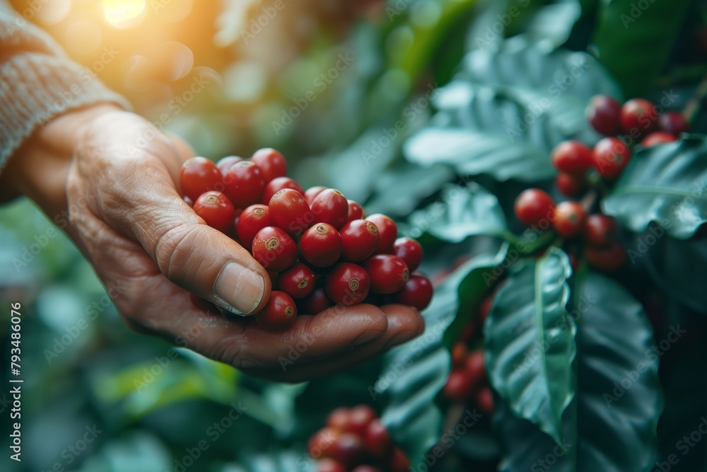 Hand Holding Ripe Coffee Cherries. Farmer's hand gently cradles a ...