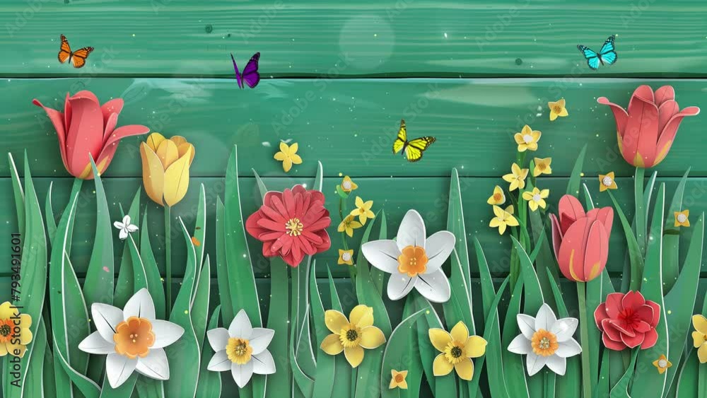paper cut summer background. flowers tulip and narcissus on green ...