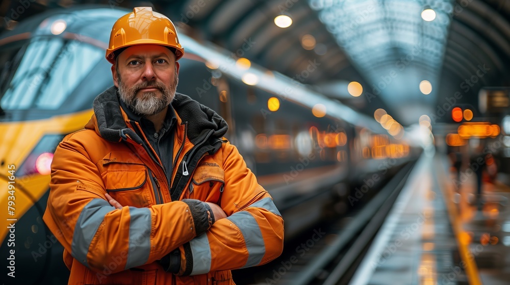 Confident Railway Worker on Train Platform. Confident middle-aged ...