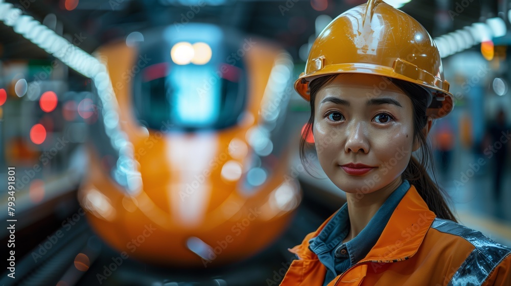 Asian Female railway engineer stands confidently in front of a high ...