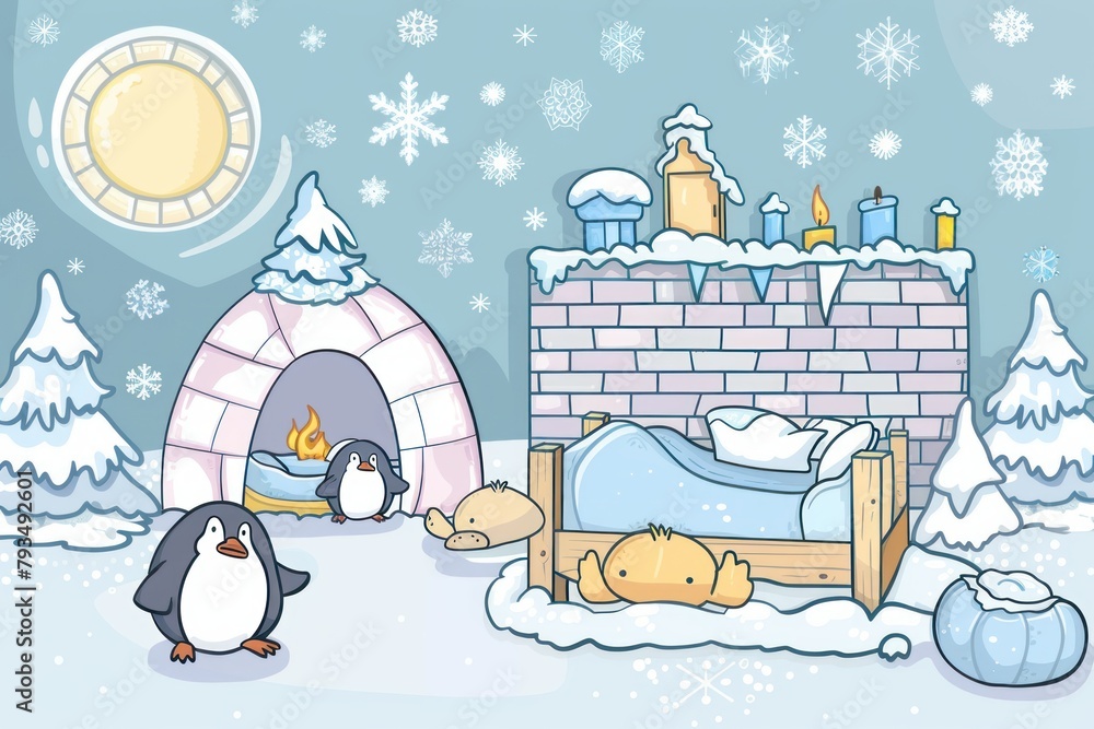 Cartoon cute doodles of a winter wonderland room with snowflake decor ...
