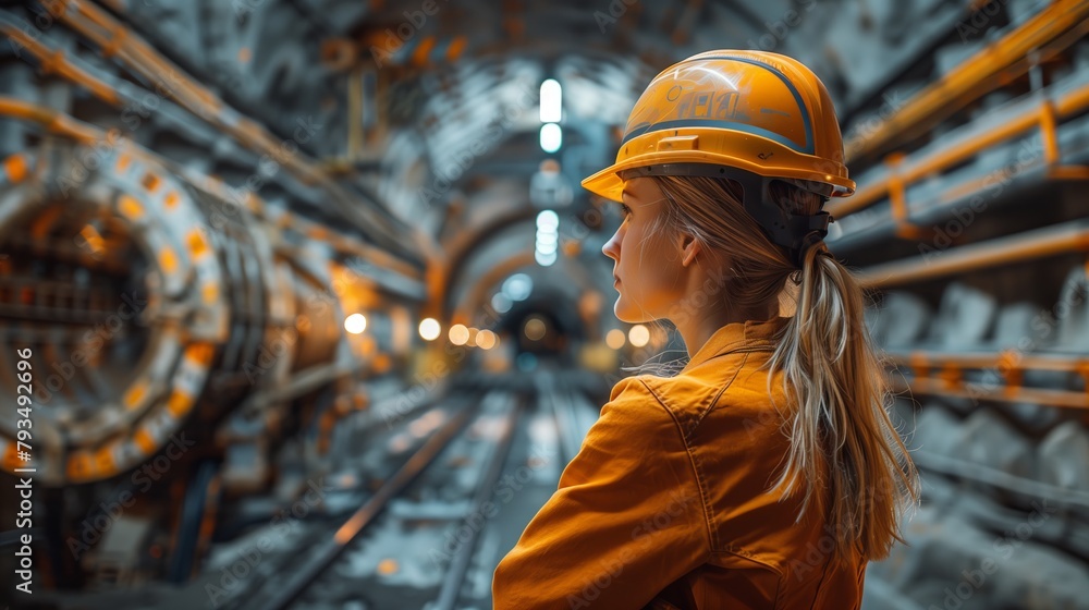 Female Engineer Evaluating Tunnel Boring Machine. Female engineer in a ...