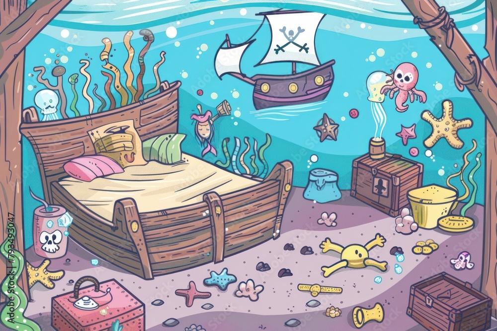 Cartoon cute doodles of an undersea adventure room with a bed shaped ...