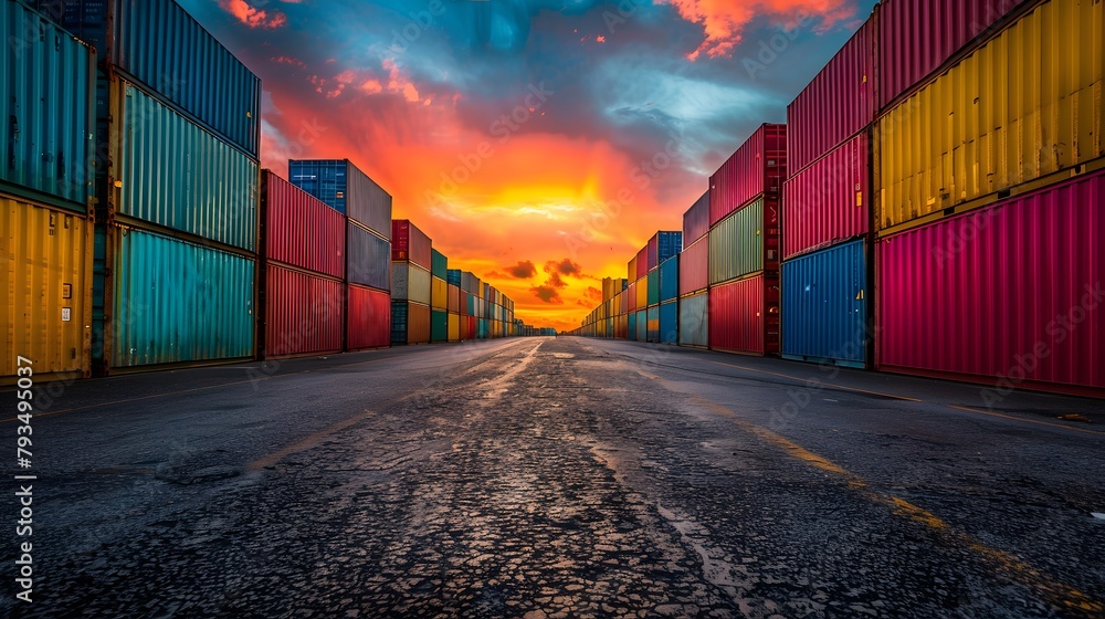 At sunset, colorful shipping containers, with a cargo container ship ...
