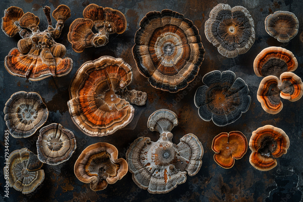 An image of a meticulously arranged set of fungal spore prints on a ...