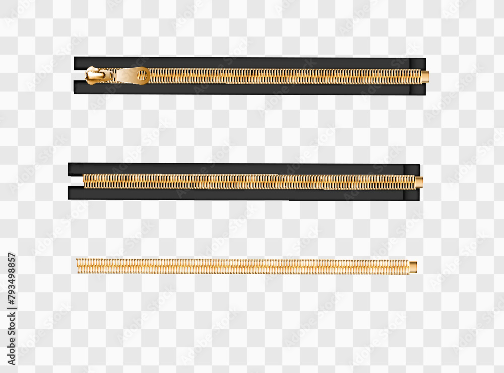 Metal zip fasteners, silver golden zippers with differently shaped puller and closed black ...