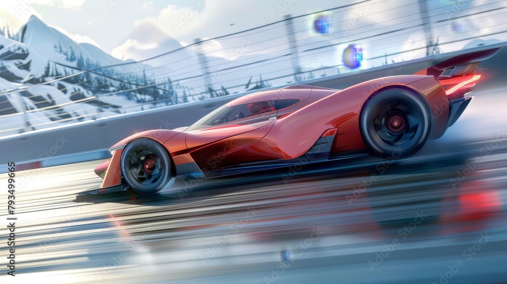 Side view of a hypercar racing at breakneck speeds on a VR track ...