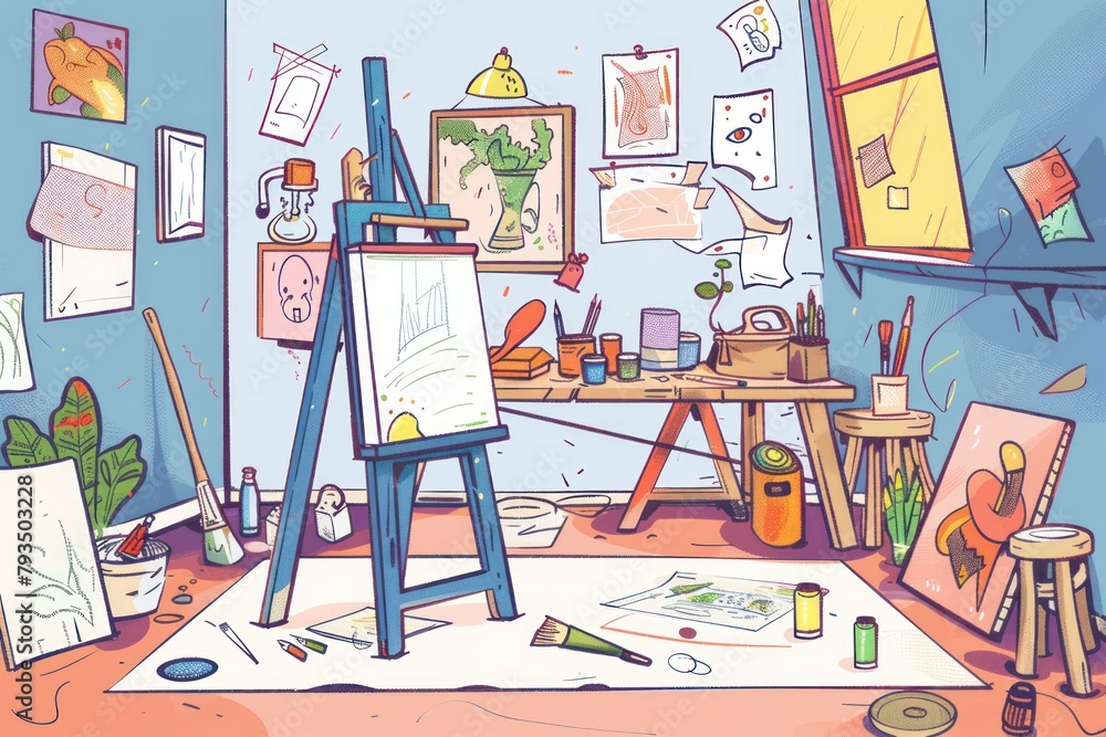 Cartoon cute doodles of an artist's atelier, messy yet filled with ...