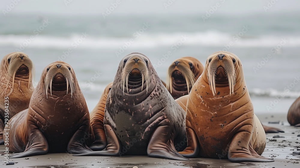 Group of Seals Resting on Sandy Beach. Several seals lounge together on ...