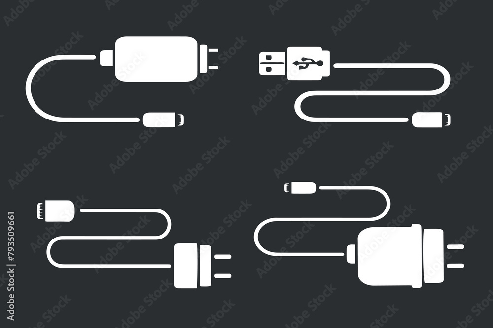 Set of charger icons for phone and tablet. Car adapters for charging ...