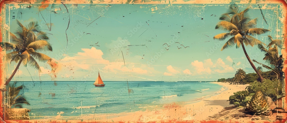 Vintage beach postcard summer sales ad, border of retro beach scenes ...