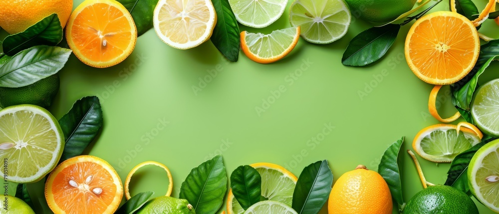 Citrus fruit border on a zesty green background, summer sales banner ...
