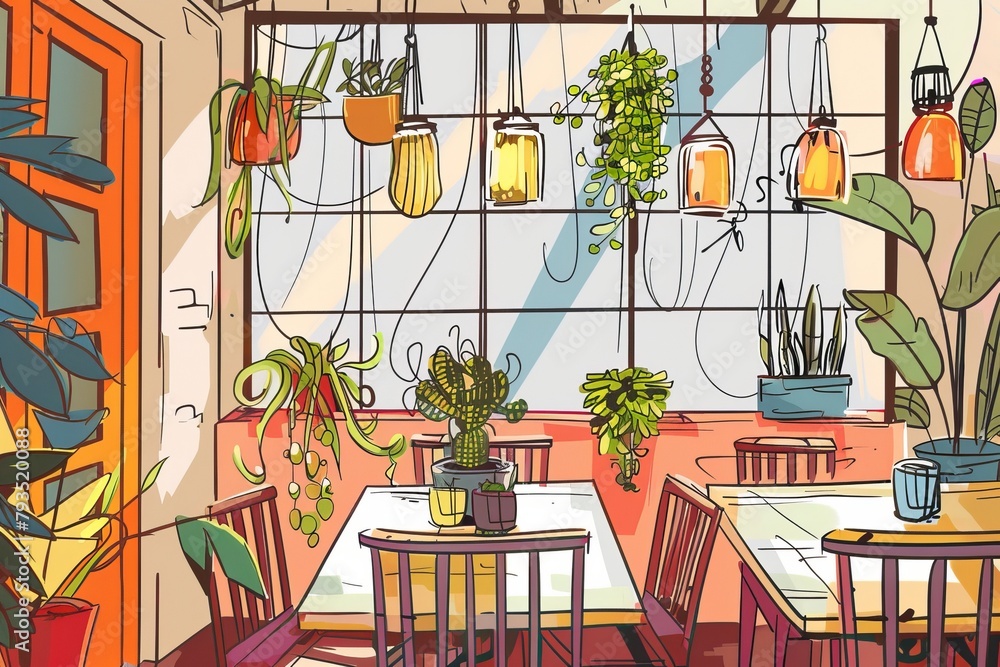 Cartoon cute doodles of a vibrant dining area with colorful table ...