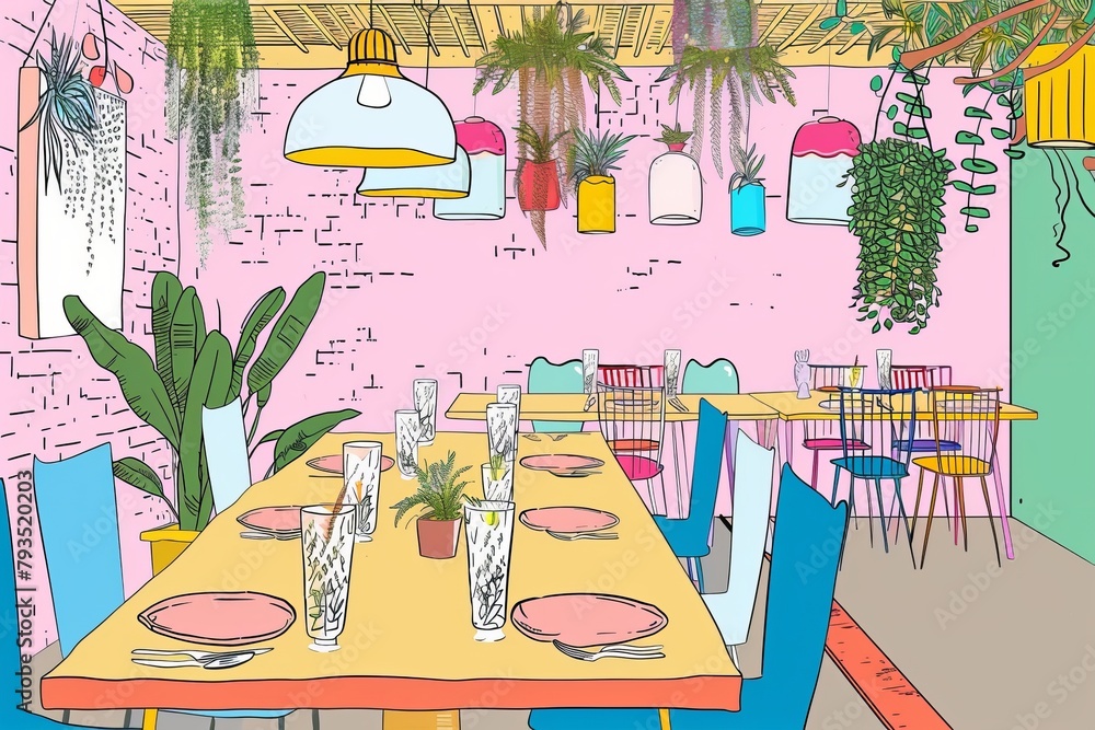 Cartoon cute doodles of a vibrant dining area with colorful table ...