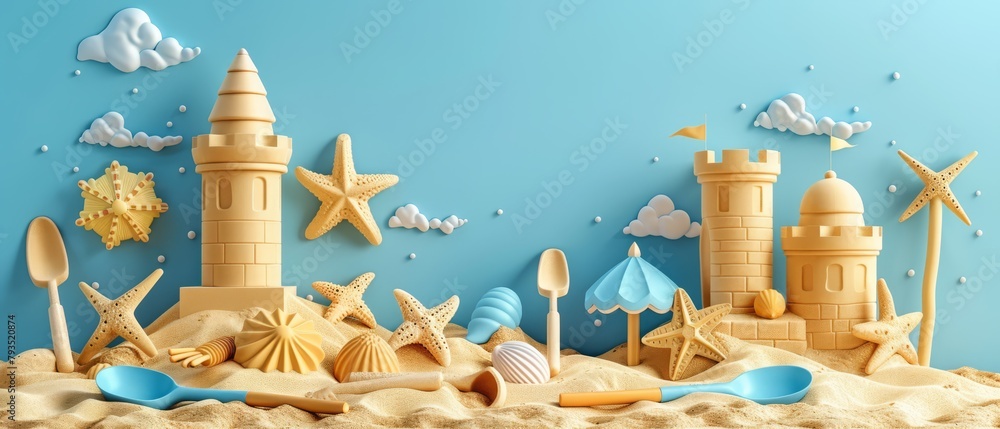 Summer sandcastle competition sales banner, border of sandcastles and ...