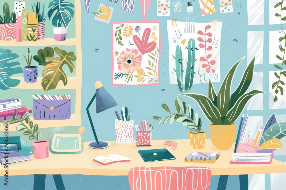 Cartoon cute doodles of a vibrant office space with colorful desk ...