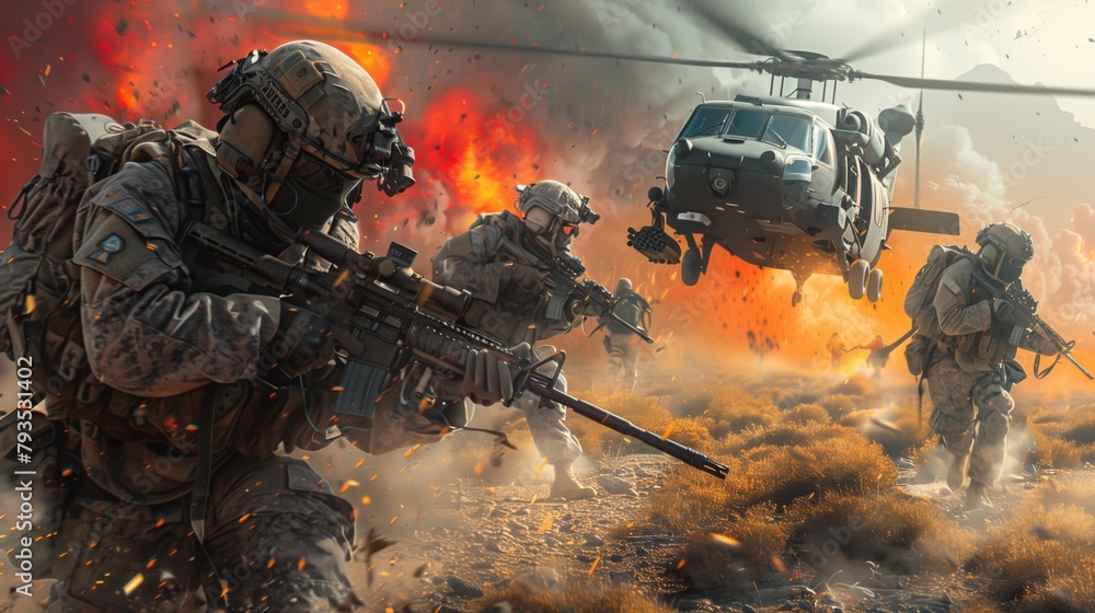 Soldiers in combat gear advancing under helicopter support in a ...