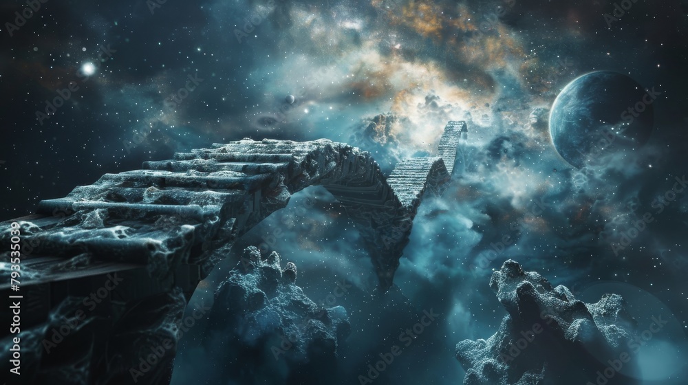 Imaginative depiction of a fantasy bridge in space, rendered in 3D ...
