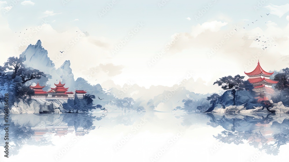Palace Traditional Architecture Chinese Ink Art Landscape Painting ...