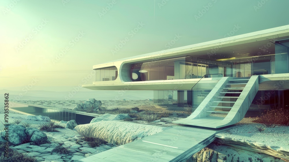 A robotic construction scene, building a house with modern ...