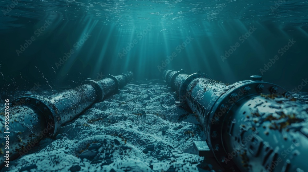 Underwater metal gas pipeline depicted on the sea bottom, featuring ...