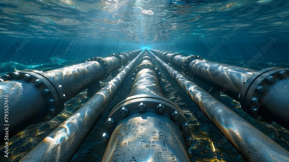 Underwater metal gas pipeline depicted on the sea bottom, featuring ...