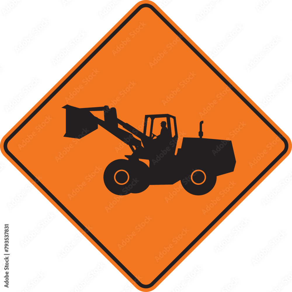 maquinaria en la vía, señal de prevención, señal color naranja ...