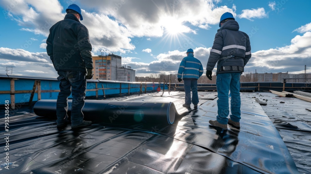 Workers professionally insulate the rooftop with a bitumen membrane ...
