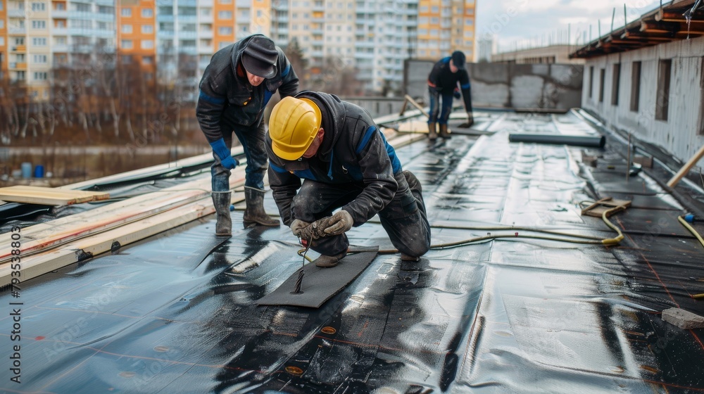 Workers professionally insulate the rooftop with a bitumen membrane ...