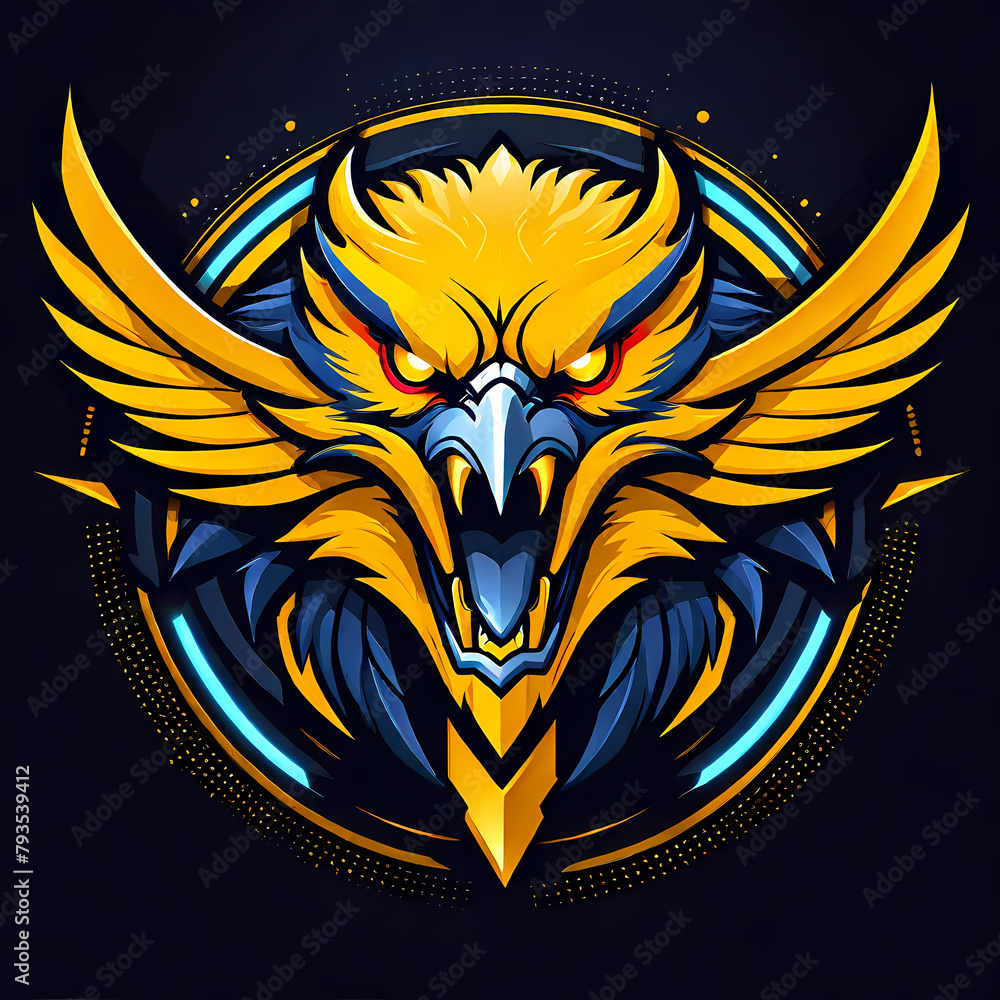 A golden owl with its mouth open and teeth bared. The owl is surrounded ...