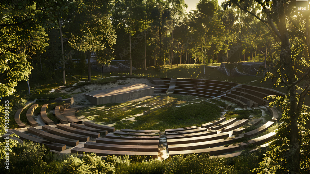 A large, circular outdoor theater with a grassy area in the center. The ...