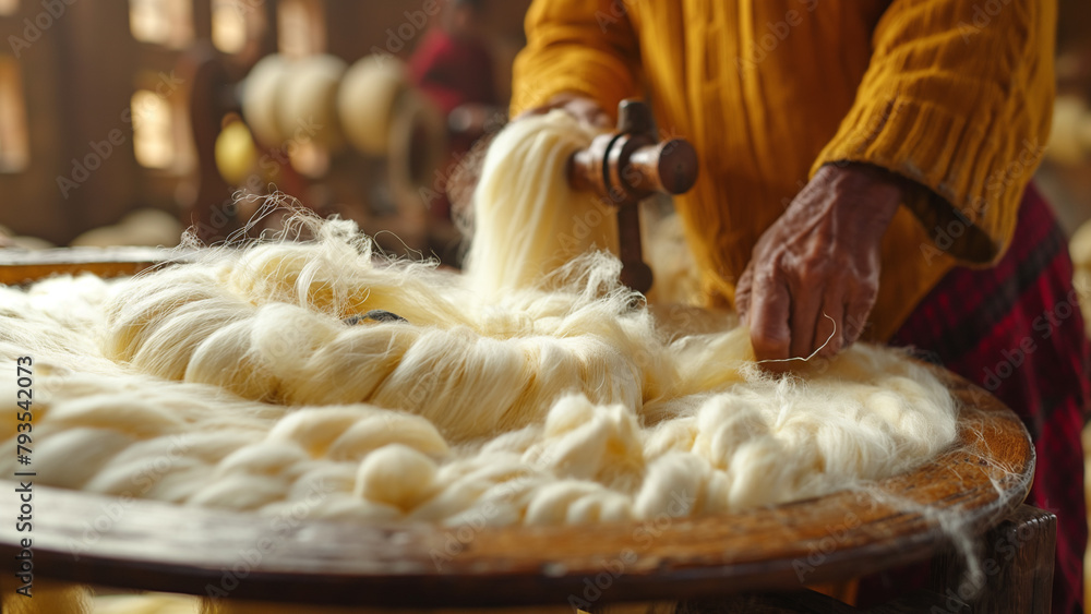 Spinning Yarns- Illustrate a skilled artisan spinning wool yarn on a ...