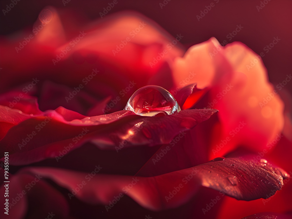 A red rose with a drop of water on it. The water droplet is small and ...
