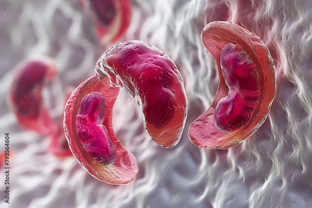 Microscopic view crescent shape of red blood cells in sickle cell ...
