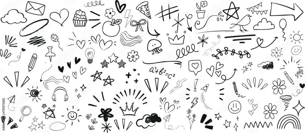 hand drawn Doodle art, black ink on white, symbols, icons, playful ...
