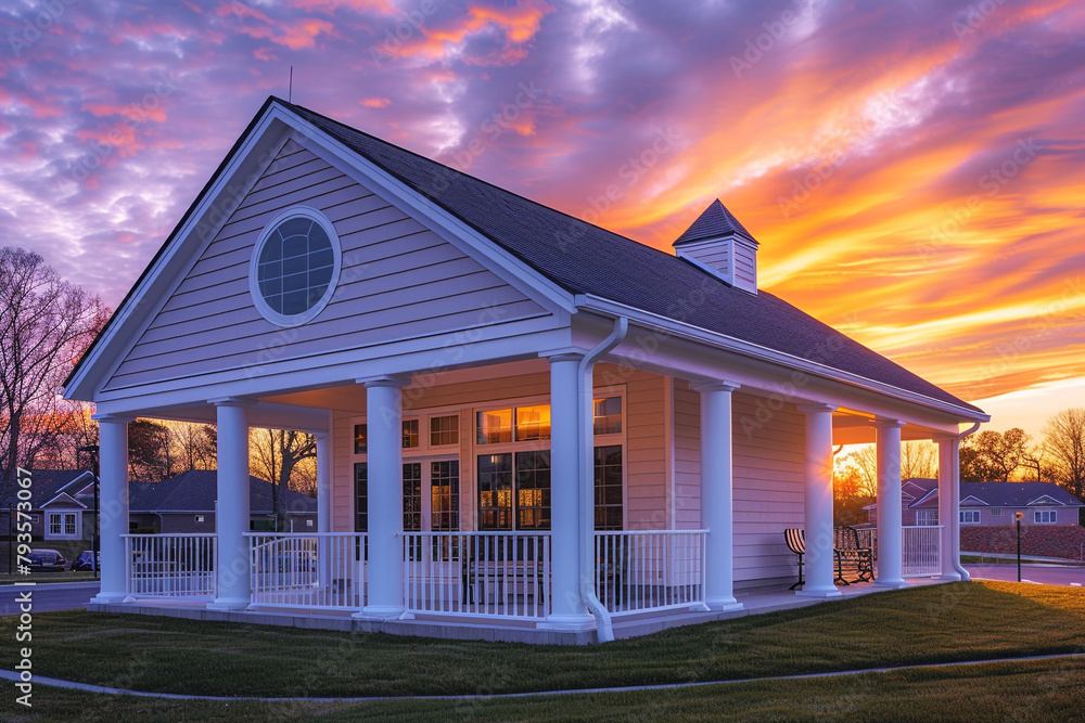 Picturesque sunset scene at a new clubhouse with a white covered porch ...