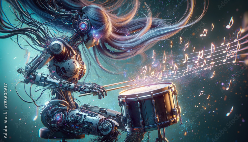 A robot woman playing a drum with a futuristic background. The drum is ...