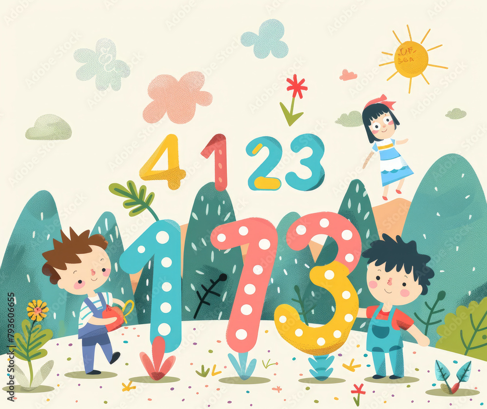 Cute cartoon style kids playing on the number "123", a colorful, vector ...