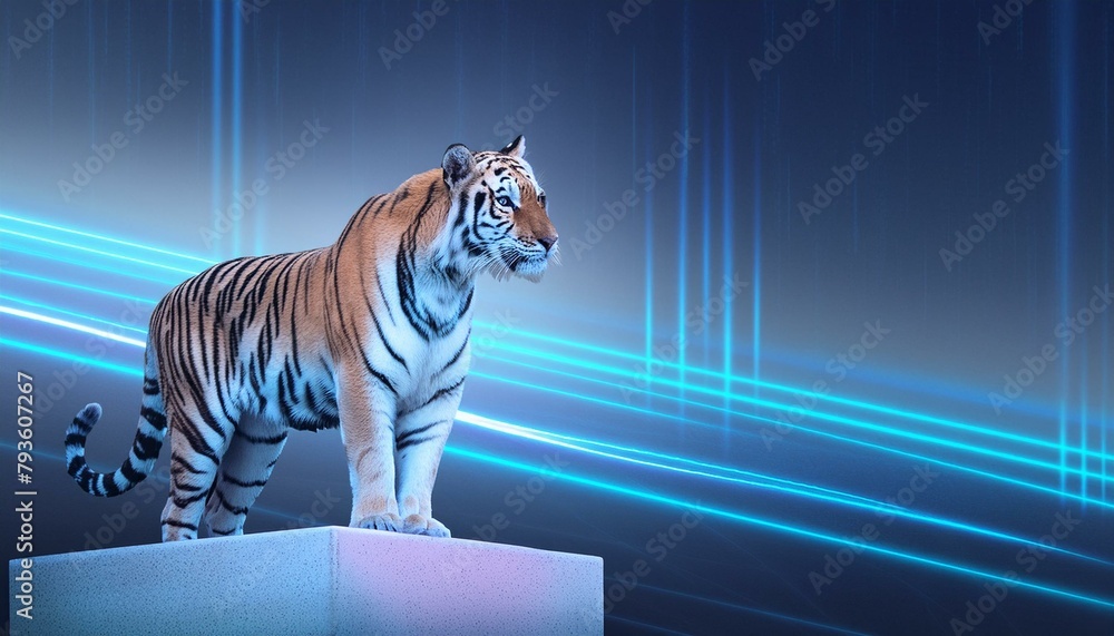 white tiger on blue background, Visualize a majestic tiger standing ...