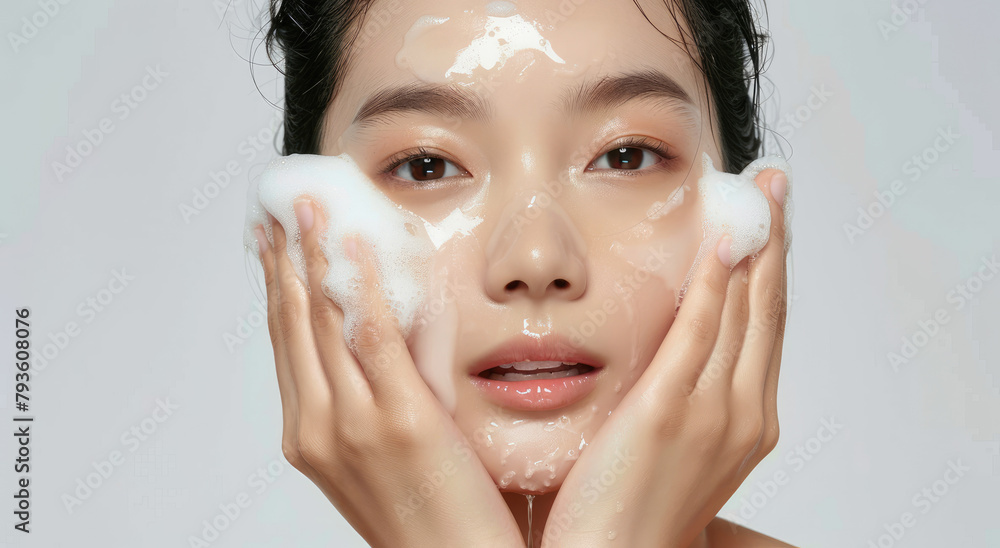 Korean beauty model with flawless skin, using facial wash to swirl ...