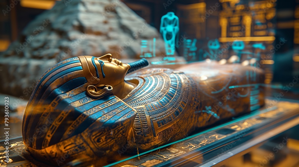 A close-up of an Ancient Egyptian sarcophagus, with a holographic field ...